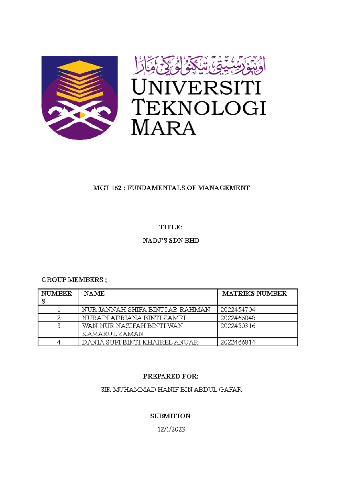 MGT 162 - FULL Report - assignment groul project - MGT 162 : FUNDAMENTALS OF MANAGEMENT TITLE ...