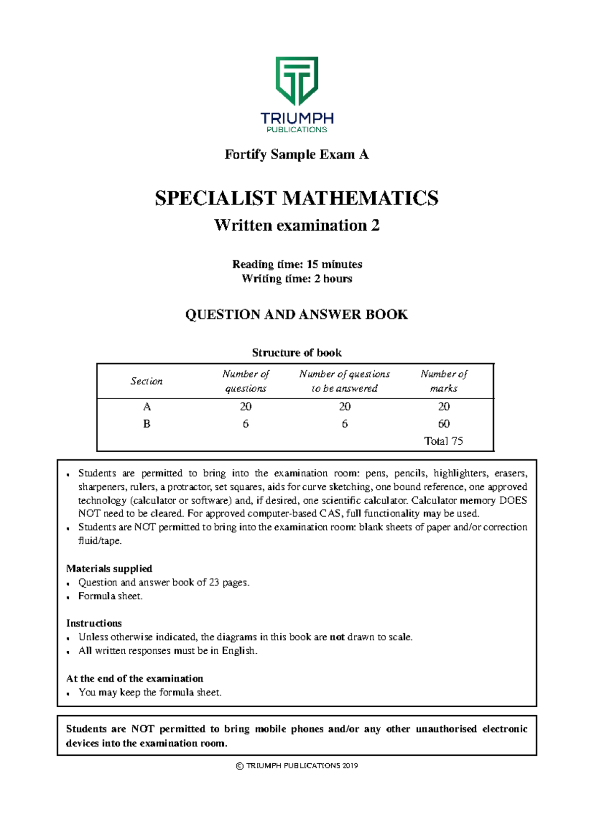 2019 triumph a exam 2 - Maths - Fortify Sample Exam A SPECIALIST ...