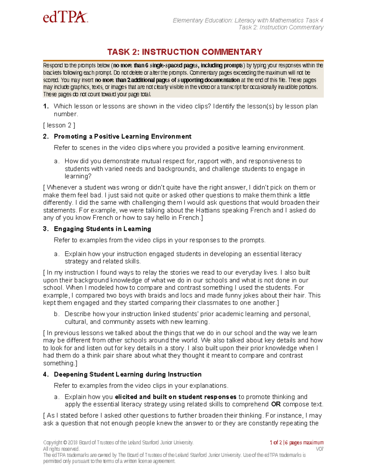 Part B - Literacy Instruction Commentary Template-2 - Elementary ...