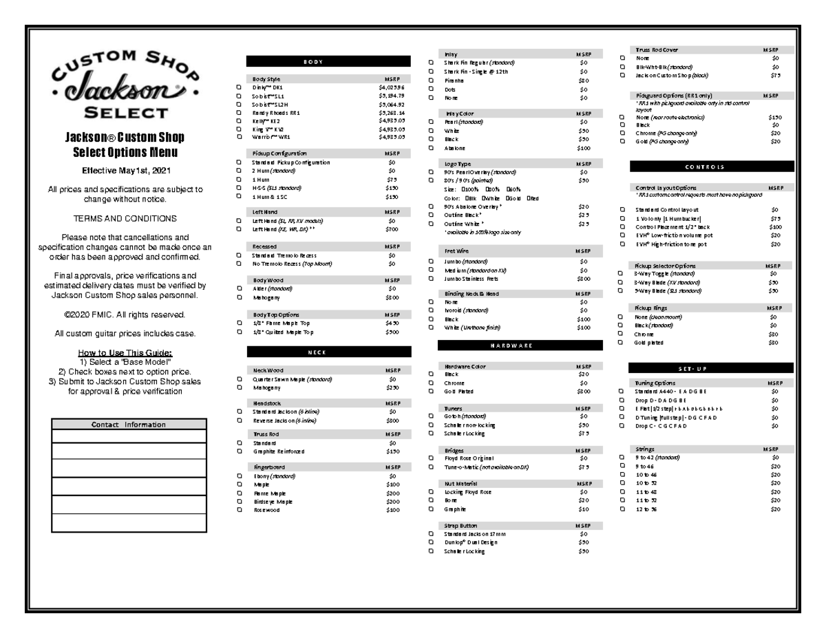2021 Jackson Custom Select Options MENU US MSRP 1 - Jackson® Custom ... 2021 Jackson Custom Select Options MENU US MSRP 1 - Jackson® Custom ...