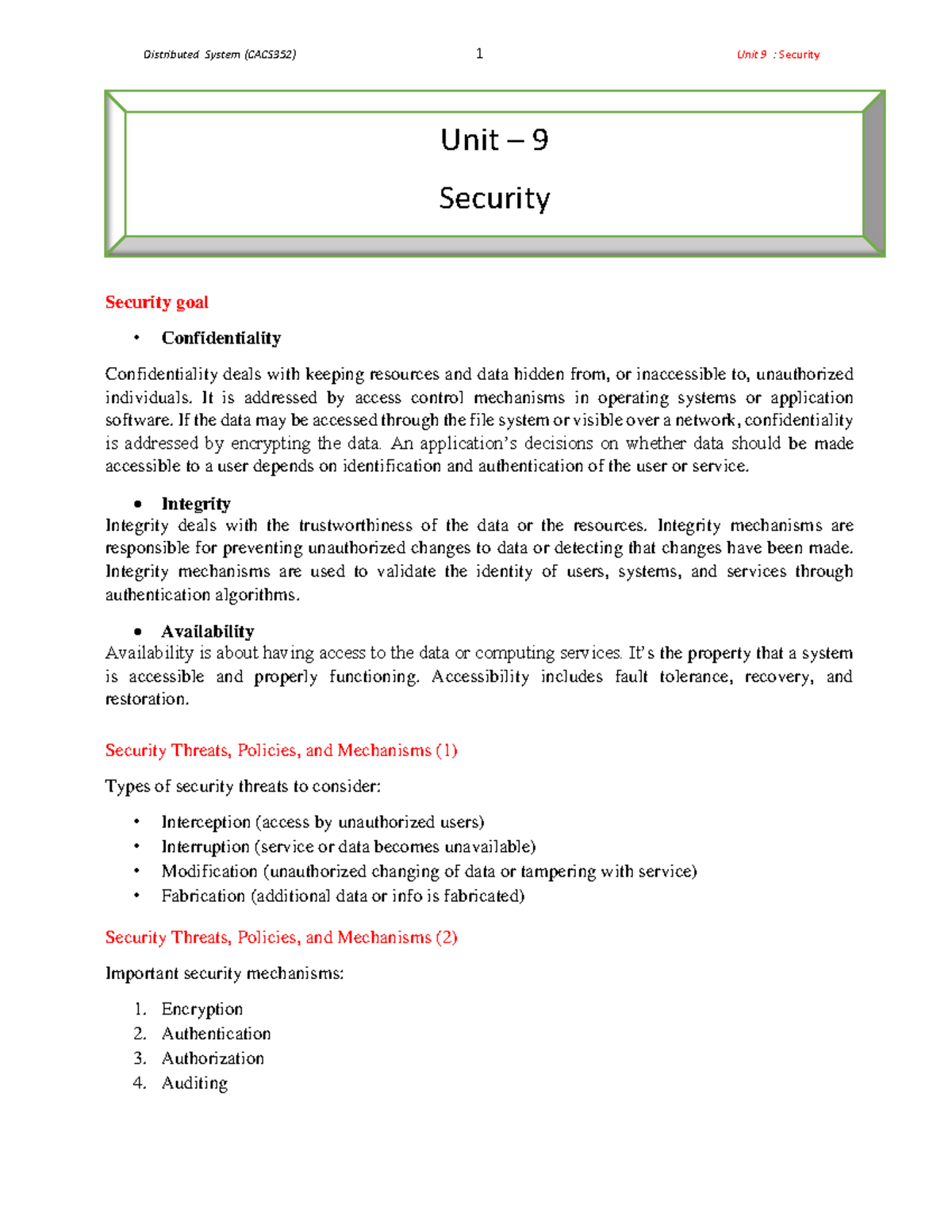 Chapter 9 - class note - Security goal Confidentiality Confidentiality ...