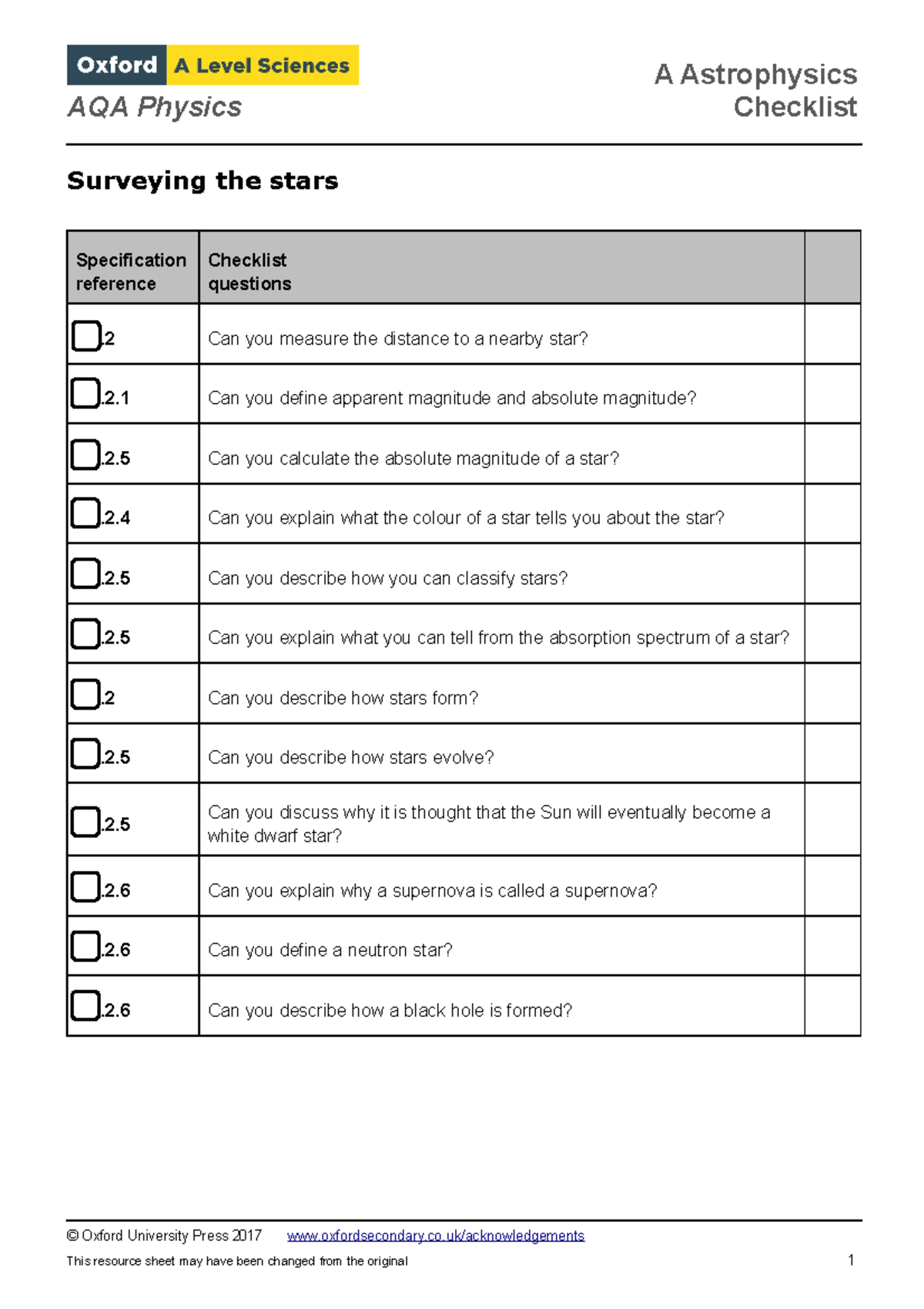 Astrophysics checklist part 2 surveying the stars - A Astrophysics AQA ...