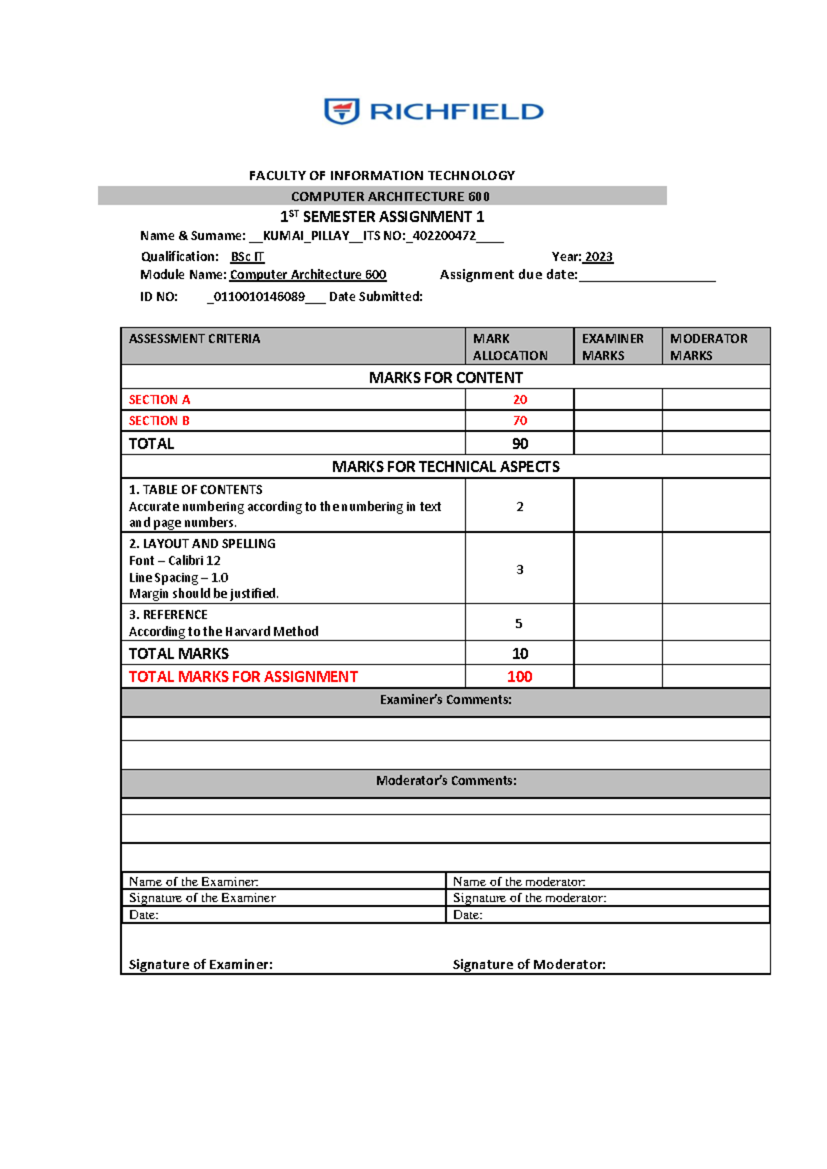 CA600AD Assignment 1 - FACULTY OF INFORMATION TECHNOLOGY COMPUTER ARCHITECTURE 600 1 ST SEMESTER ...