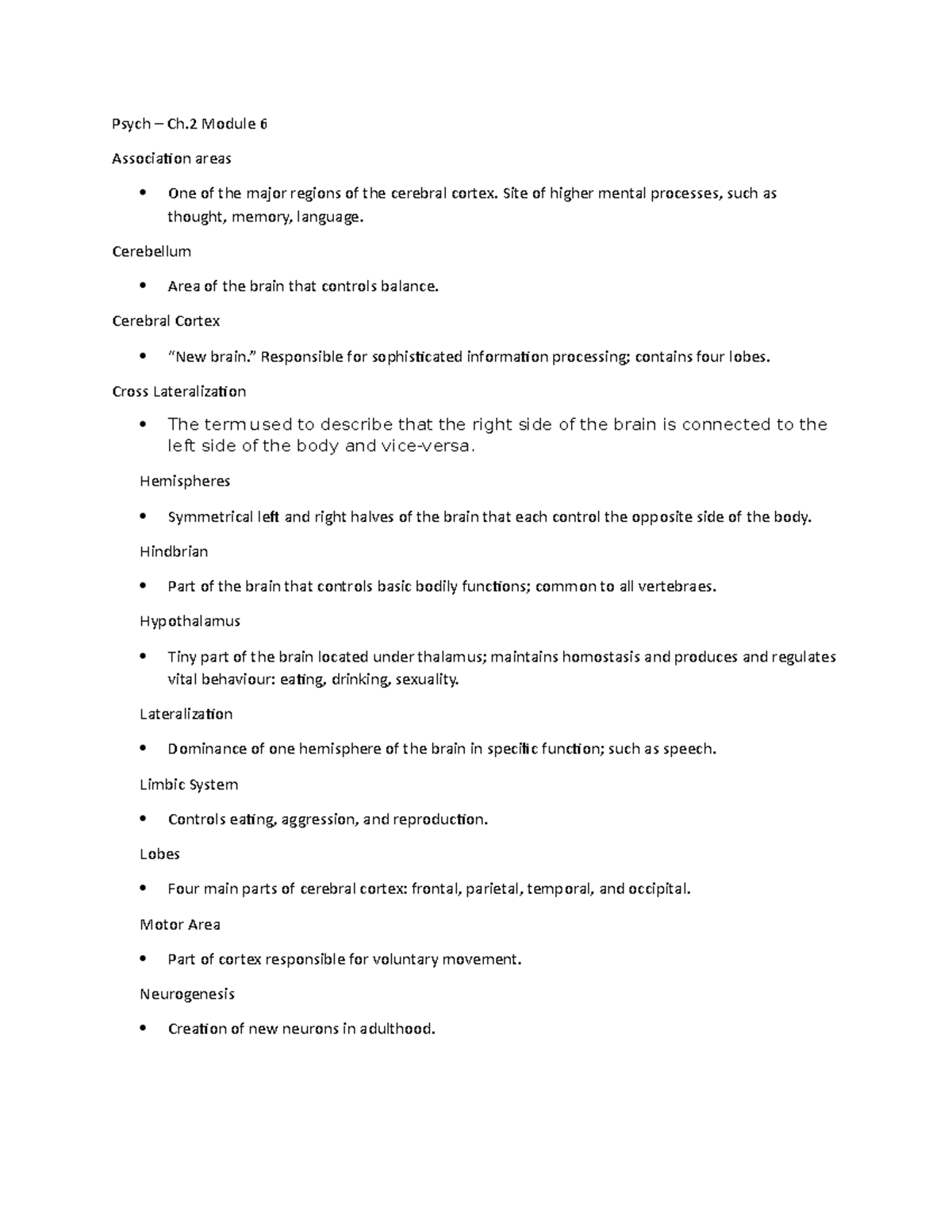 Psych - Ch.2 Module 6 - Psych – Ch Module 6 Association areas One of ...