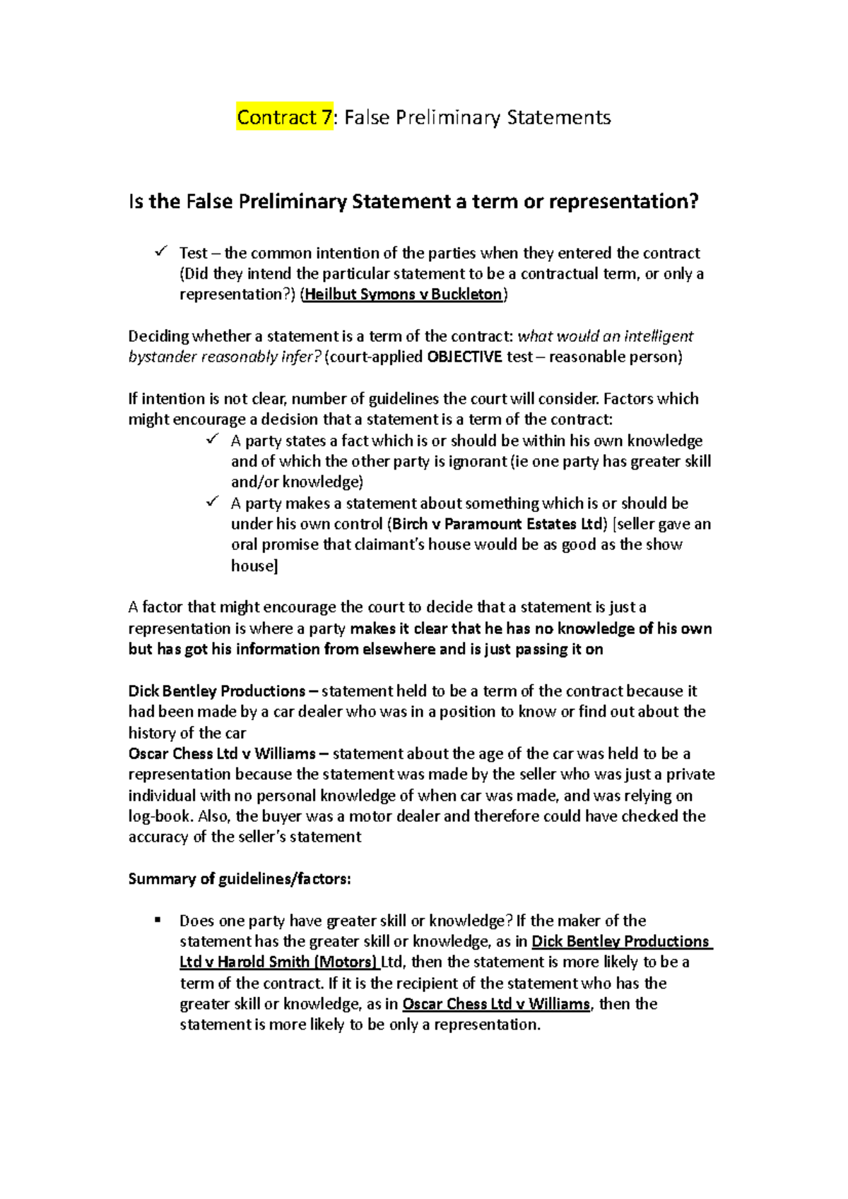 Contract 7 - False Preliminary Statements - Factors which might ...