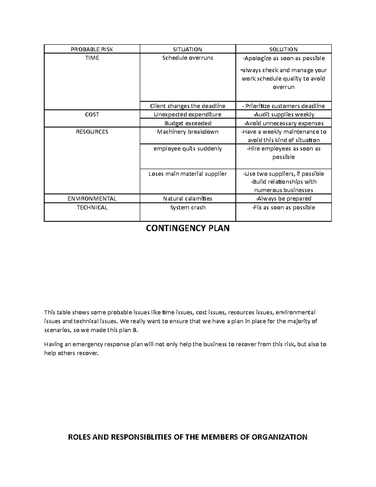 Contingency PLAN - bplan - PROBABLE RISK SITUATION SOLUTION TIME ...