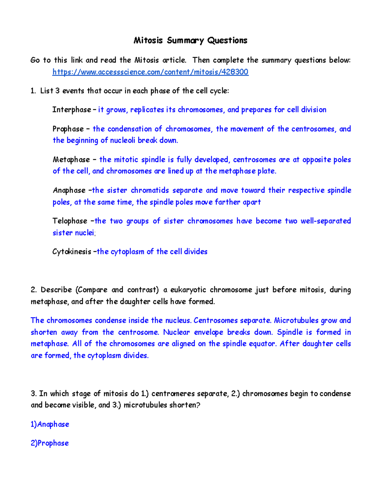 Mitosis Summary Questions - Then complete the summary questions below ...