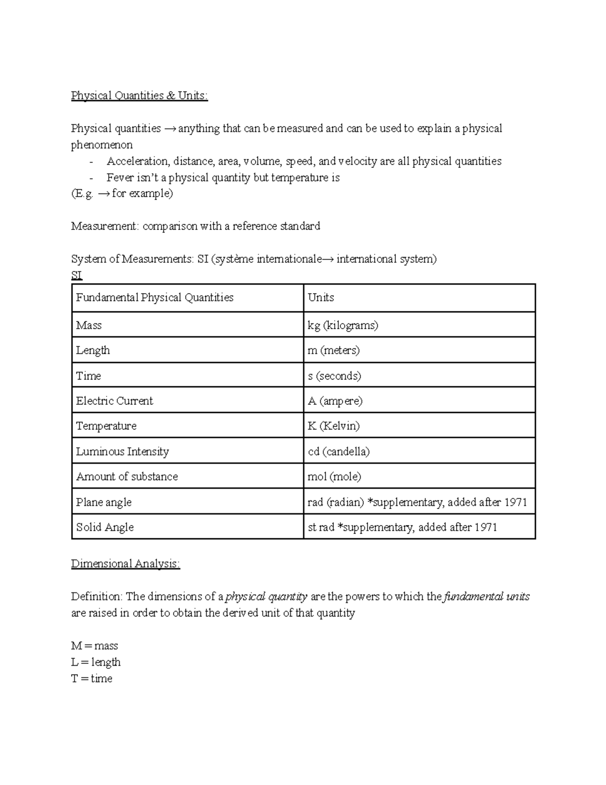 Gen Physics Study Guide - Physical Quantities & Units: Physical quantities → anything that can ...