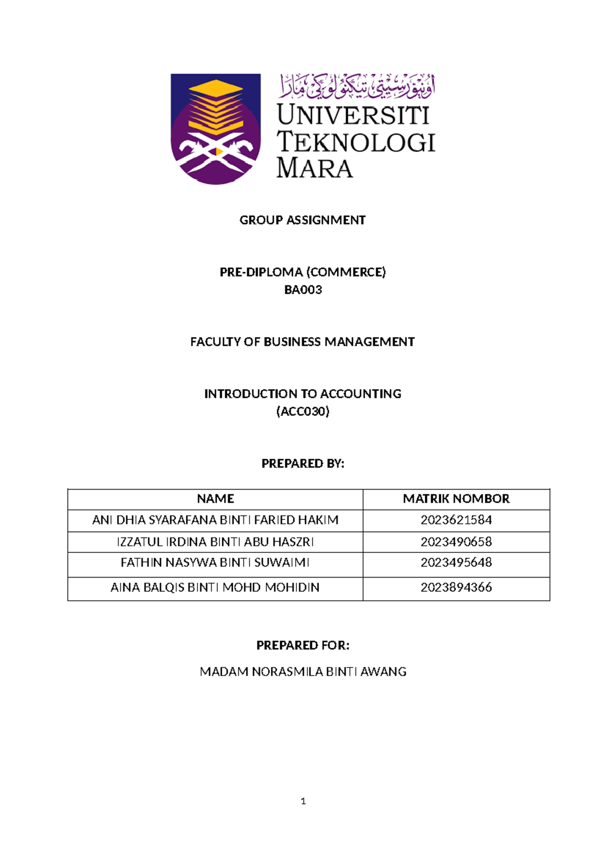 Acc - UITM - GROUP ASSIGNMENT PRE-DIPLOMA (COMMERCE) BA FACULTY OF ...