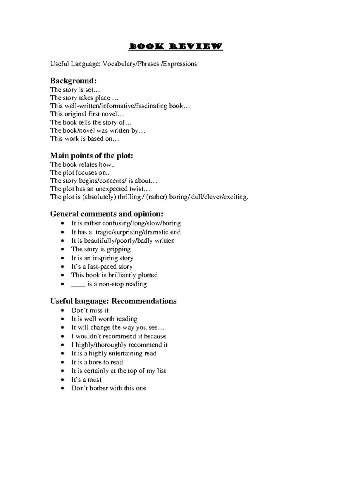 Useful expressions to use in your reviews - BOOK REVIEW Useful Language ...