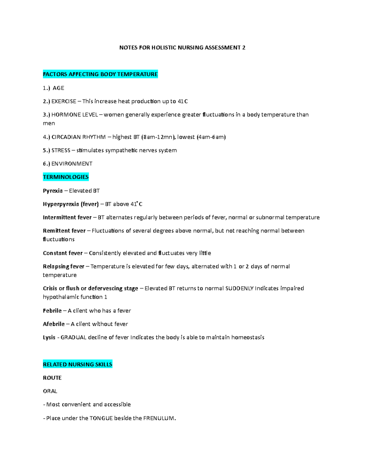 Notes FOR Holistic Nursing Assessment 2 - NOTES FOR HOLISTIC NURSING ...