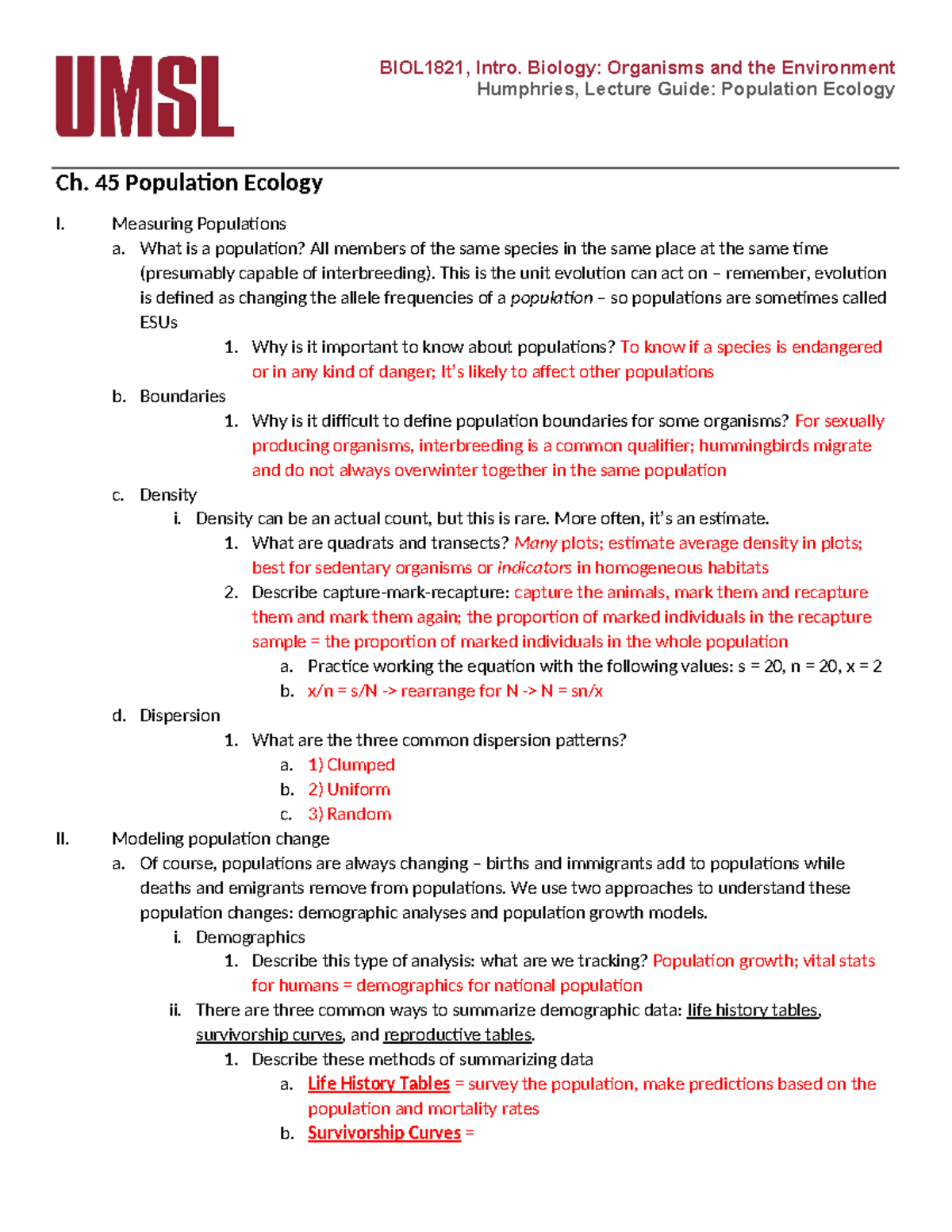 20. Lecture Guide Ch. 45 Population Ecology - BIOL1821, Intro. Biology ...
