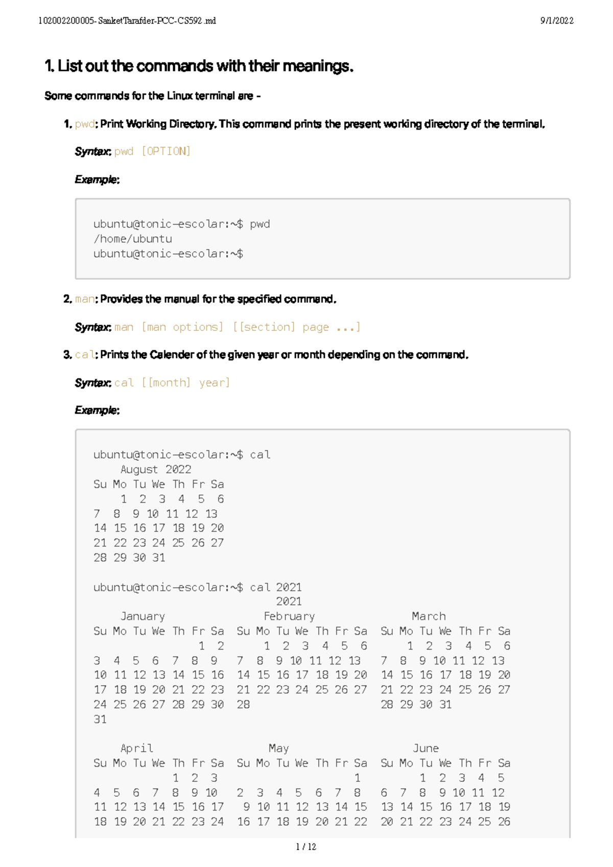 Os Pca1 Shellscript Codes 1 List Out The Commands With Their