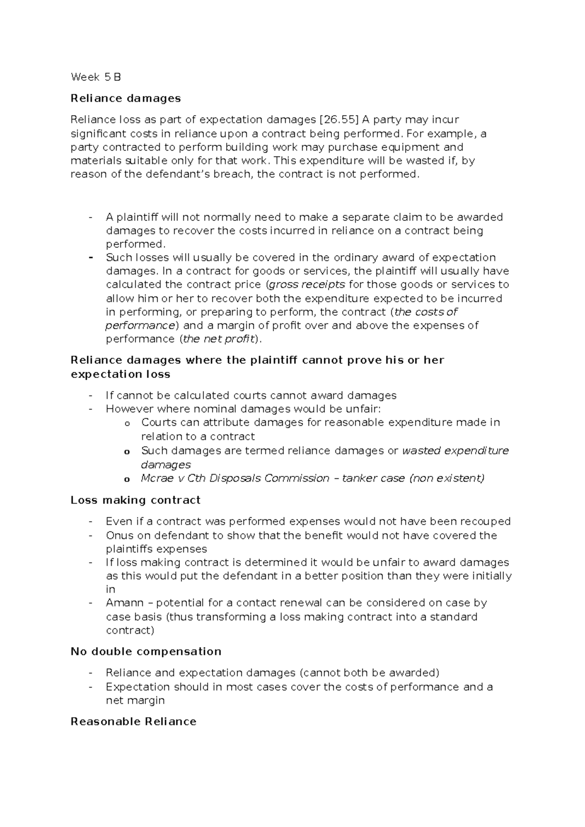 Week 5 B - notes - Week 5 B Reliance damages Reliance loss as part of ...