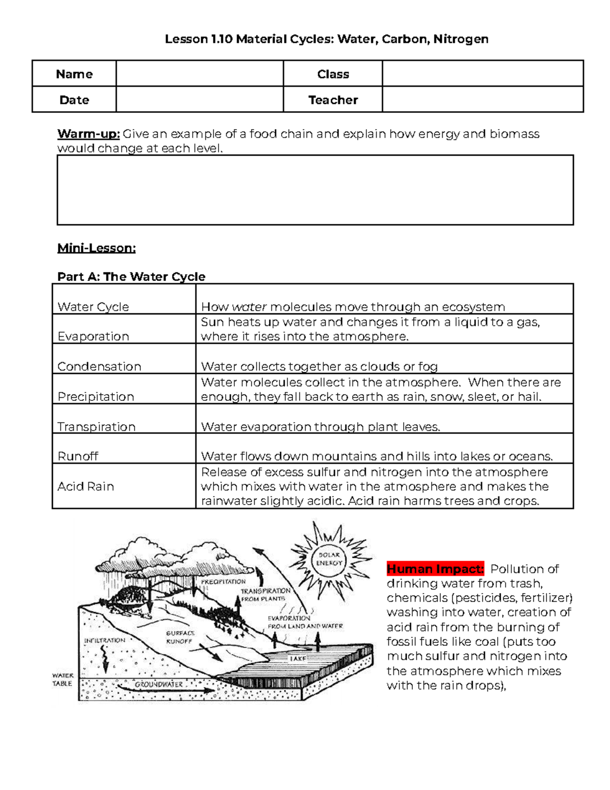 Materials Cycles Ecology - Lesson 1 Material Cycles: Water, Carbon ...