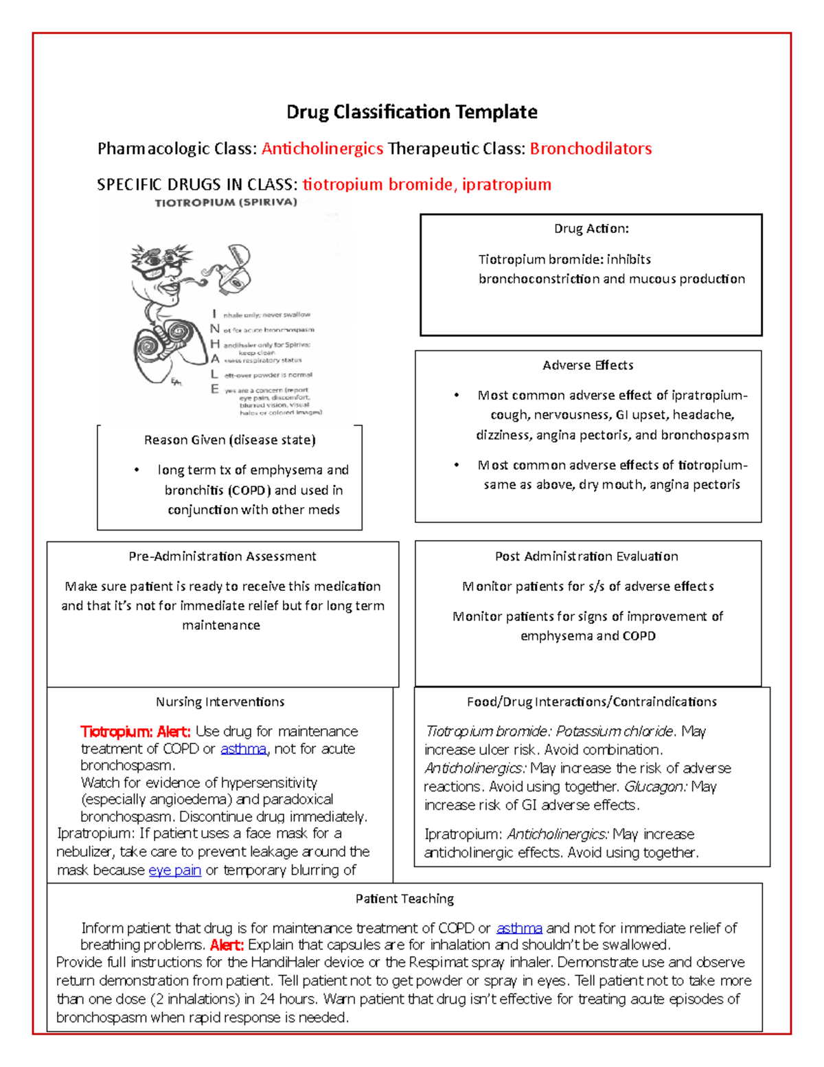 Pharm - Anticholinergics - Drug Classiicaion Template Pharmacologic ...