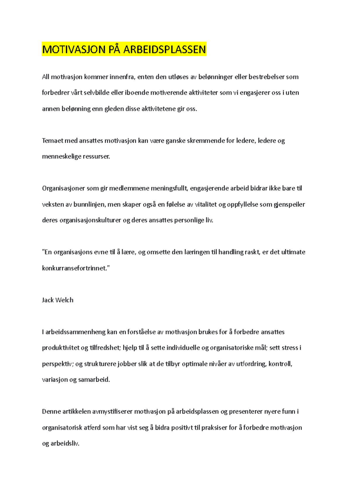 Motivasjon PÅ Arbeidsplassen - MOTIVASJON PÅ ARBEIDSPLASSEN All ...