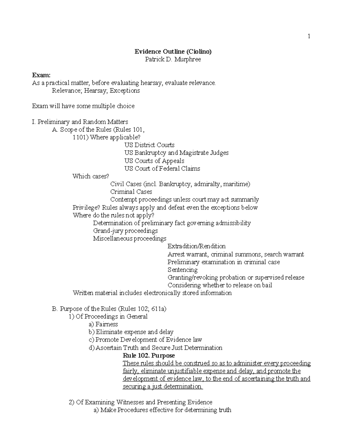 Evidence Outline Ciolino Murphree - Evidence Outline (Ciolino) Patrick ...