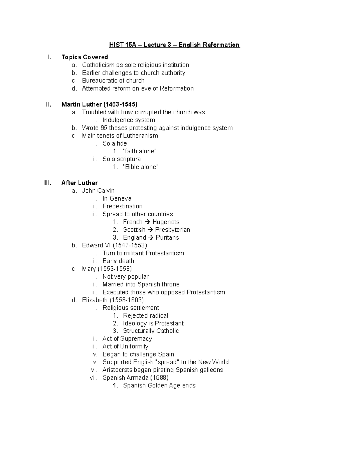 HIST 15A - Lecture 3 - English Reformation - Topics Covered a ...