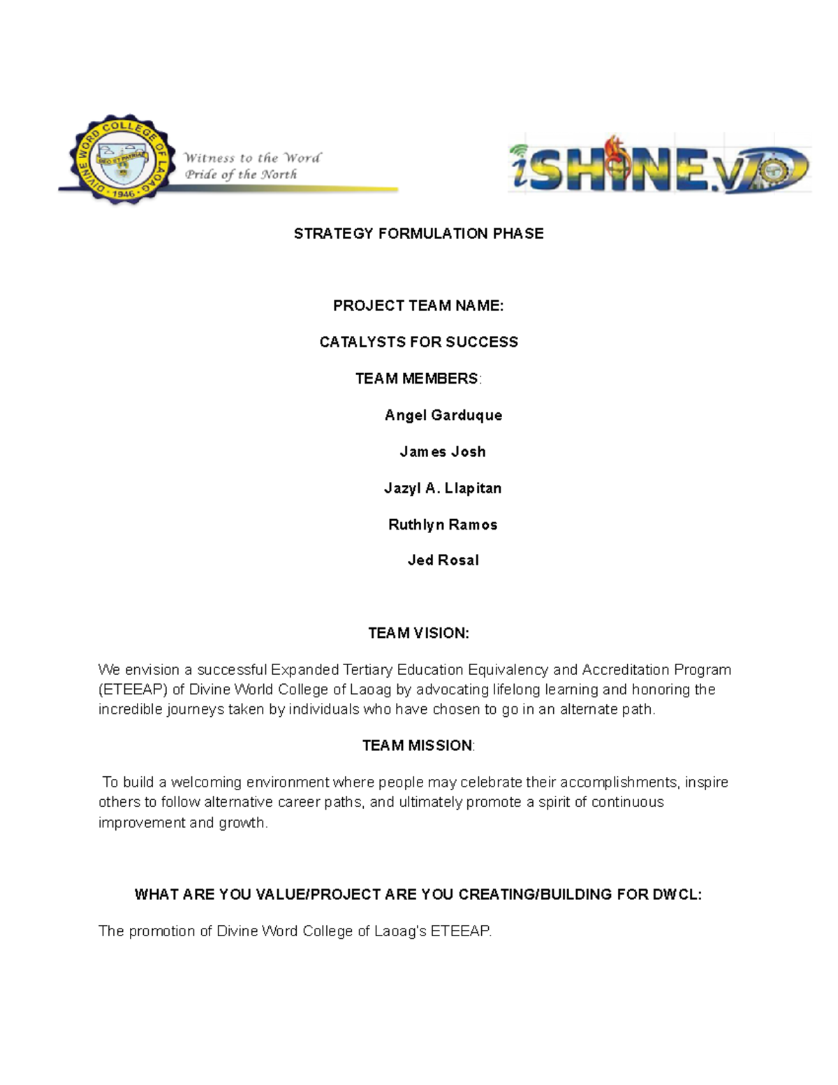 VIDEO PROJECT AND CONCEPT - STRATEGY FORMULATION PHASE PROJECT TEAM ...