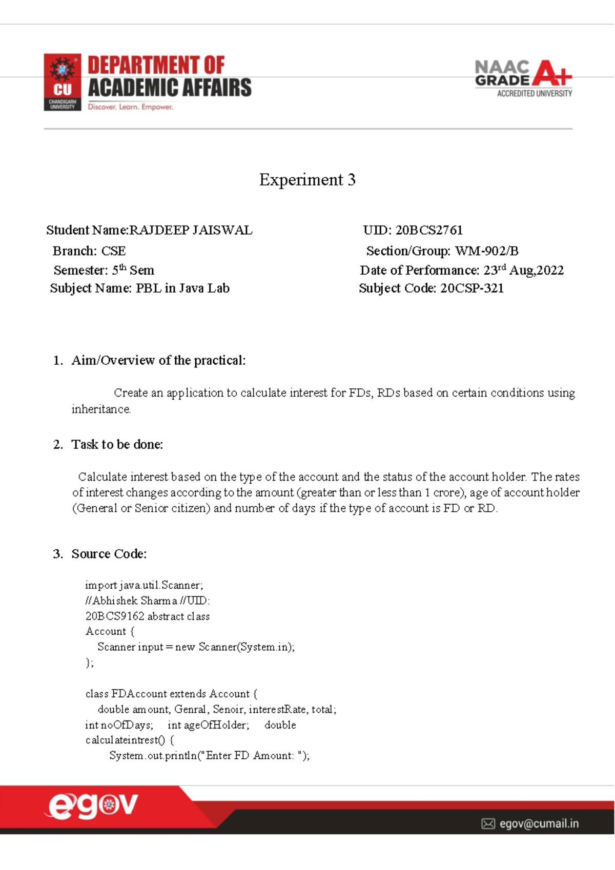 JAVA 3 - Worksheets - Experiment 3 Student Name:RAJDEEP JAISWAL UID: 20BCS Branch: CSE - Studocu