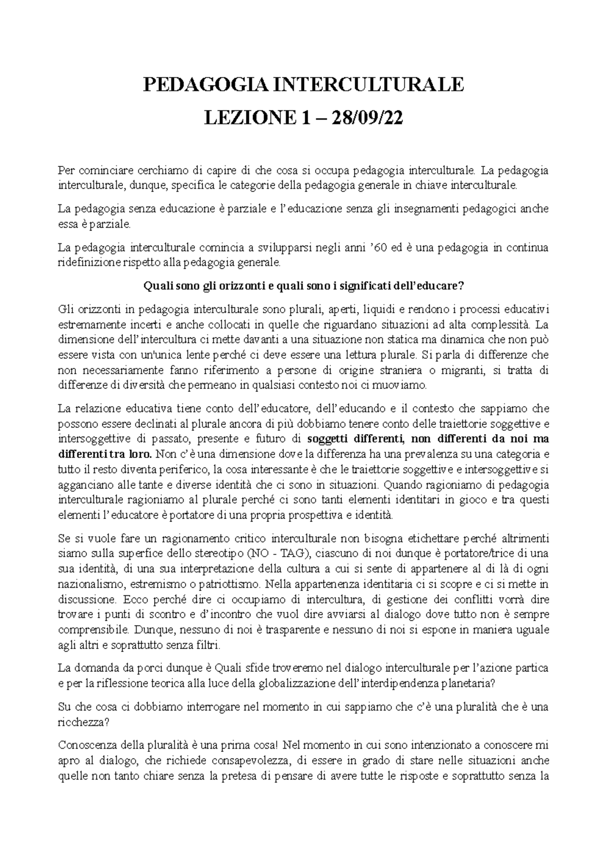 Pedagogia Interculturale Appunti Pedagogia Interculturale Lezione 1