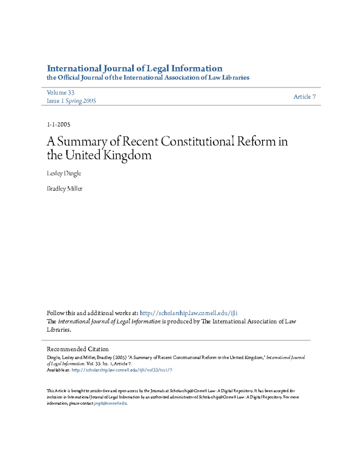 A Summary of Recent Constitutional Reform in the United Kingdom ...