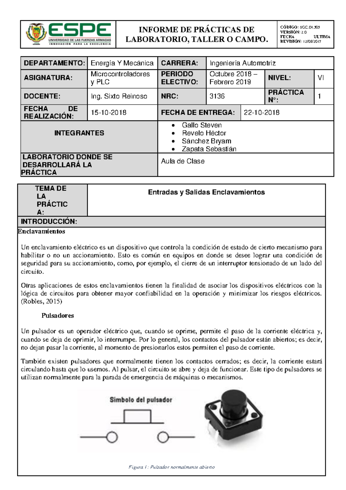 Informe Practica Enclavamientos - INFORME DE PRÁCTICAS DE LABORATORIO, TALLER O CAMPO. CÓDIGO ...