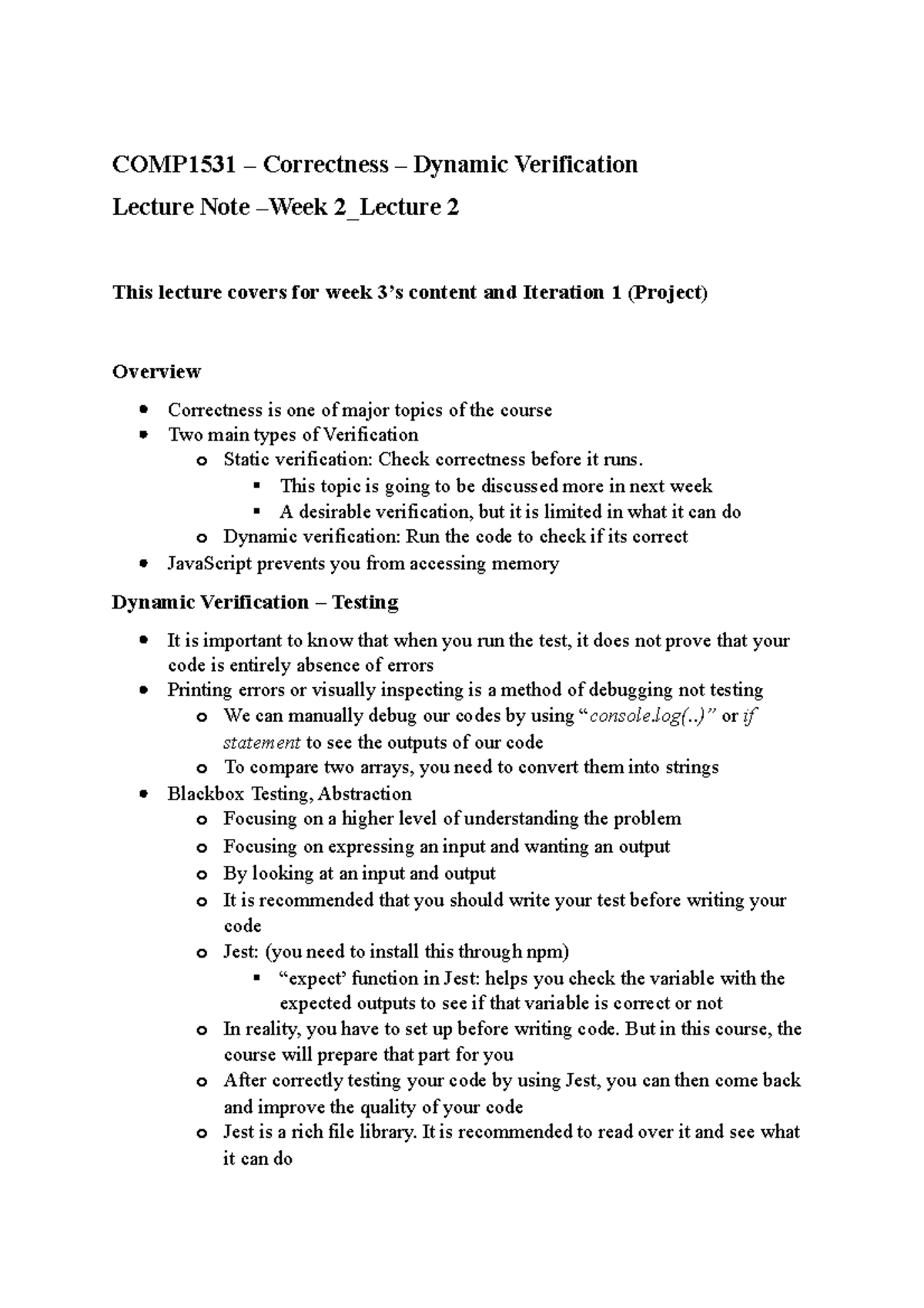 COMP1531 W2 LEC2 - COMP1531 – Correctness – Dynamic Verification Lecture Note –Week 2_Lecture 2 ...