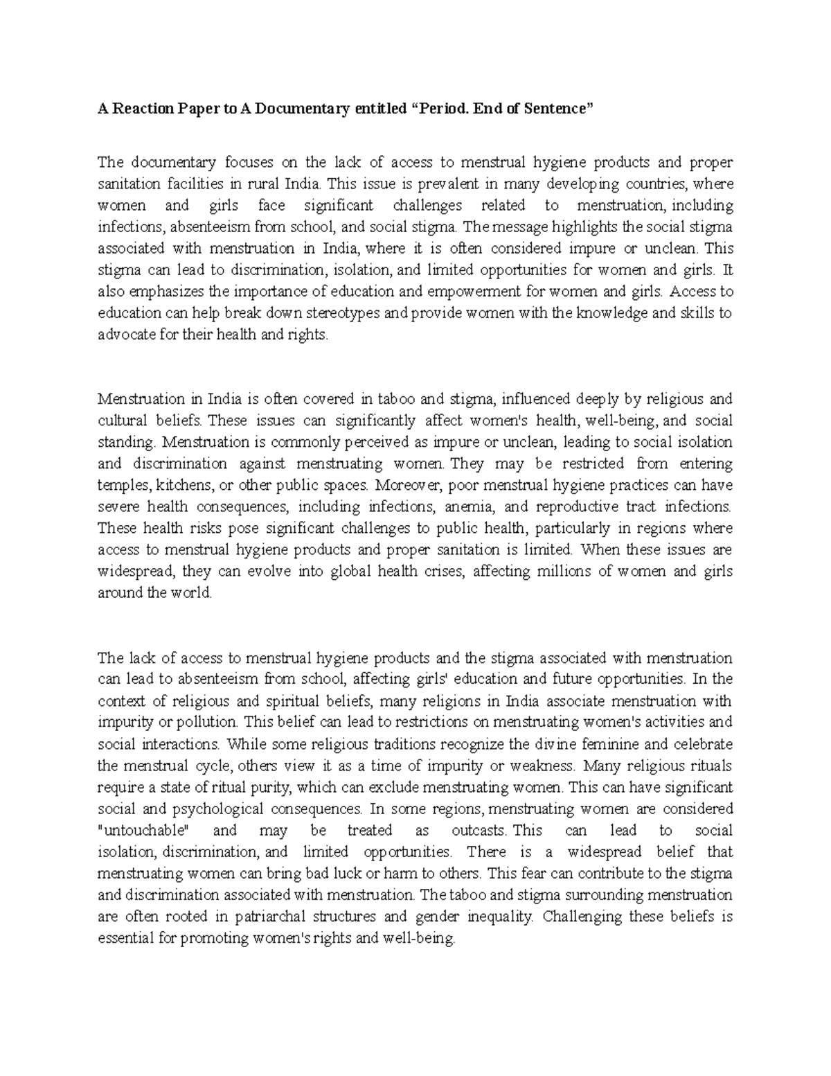 Period. End of Sentence. Reflection Paper - A Reaction Paper to A ...