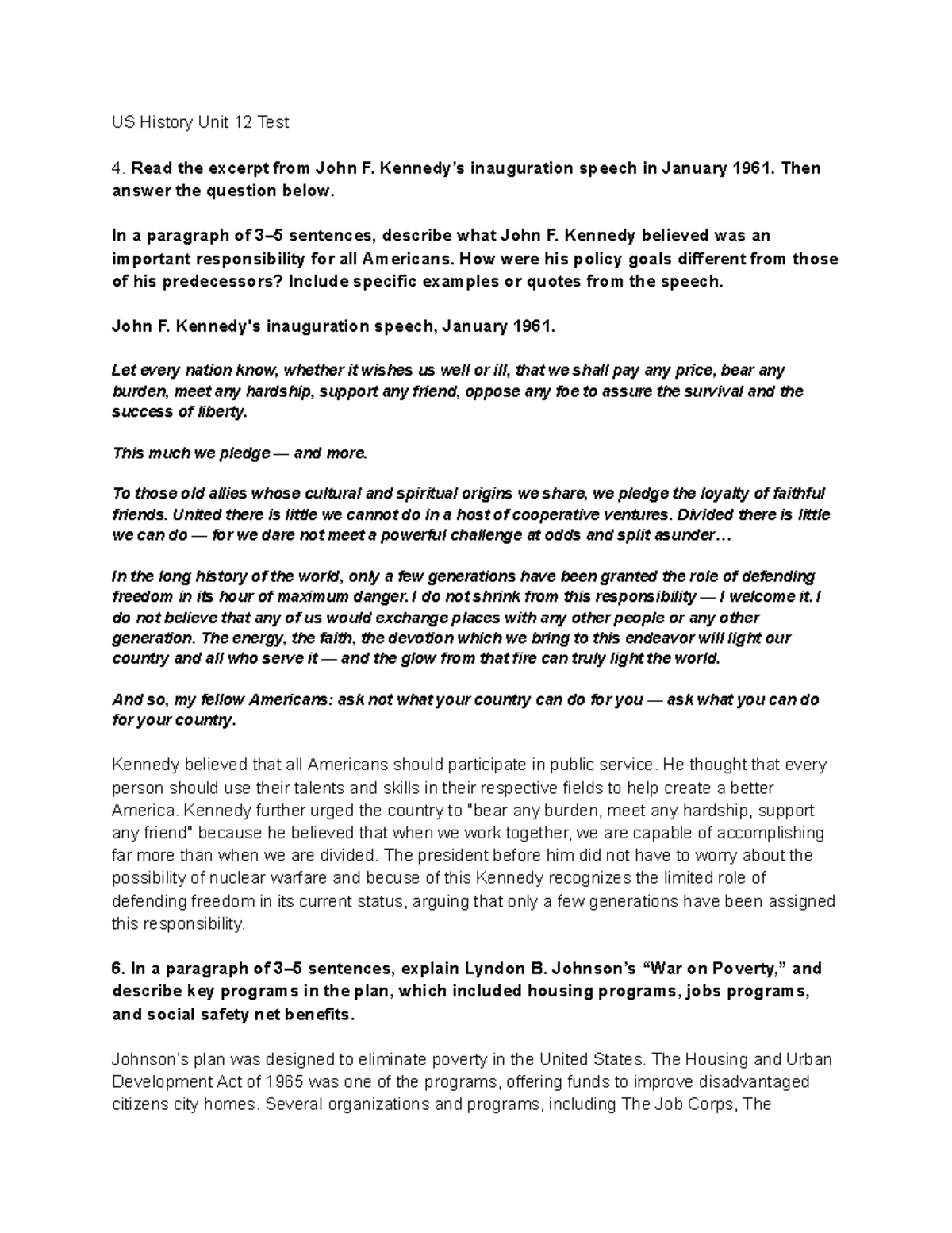 US History 12 Test - US History Unit 12 Test 4. Read the excerpt from ...