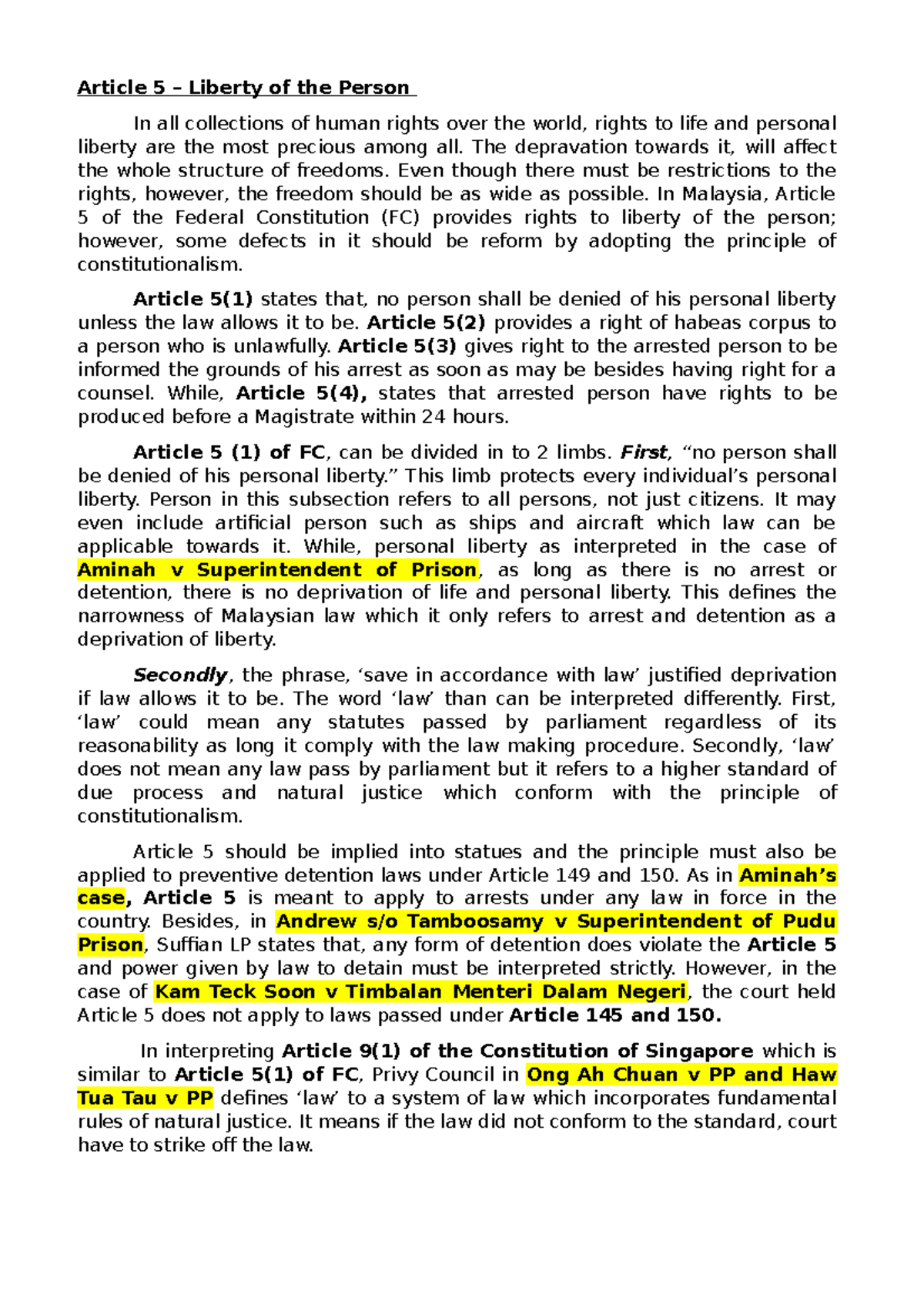 Article 5 - Article 5 – Liberty of the Person In all collections of ...