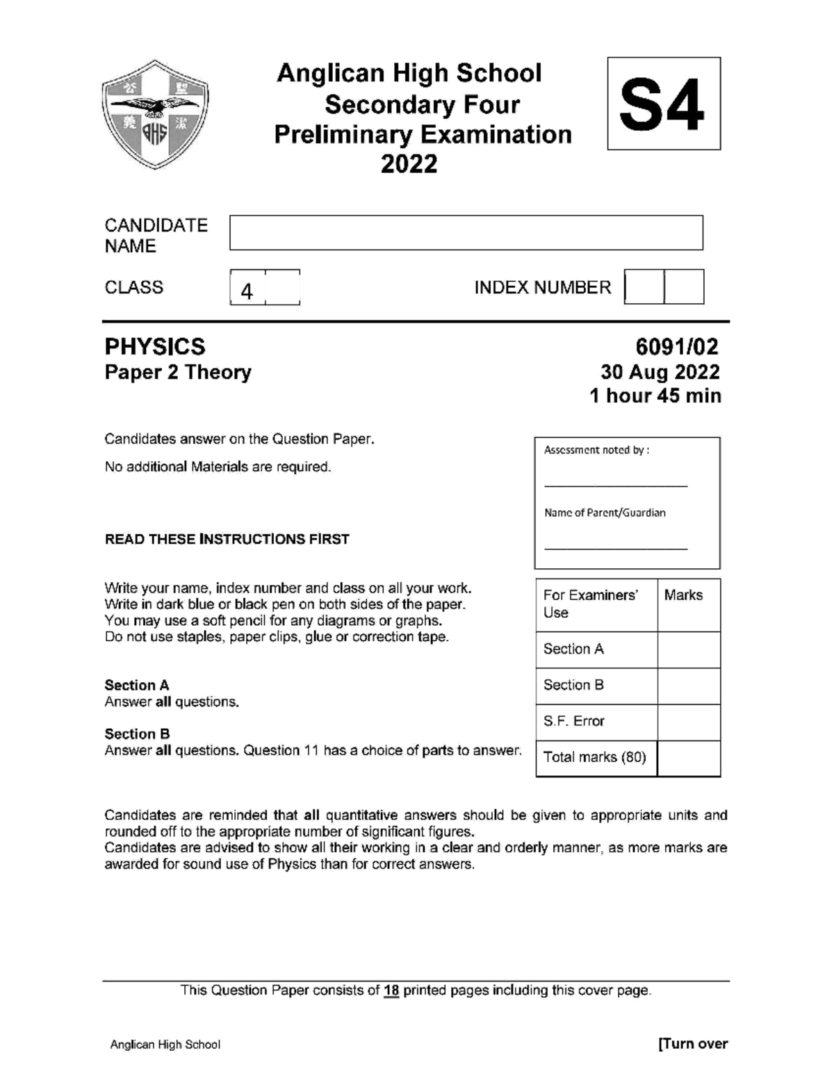 Anglican High 2022 Prelim P2 - Anglican High School Secondary Four S4 AHS Preliminary ...