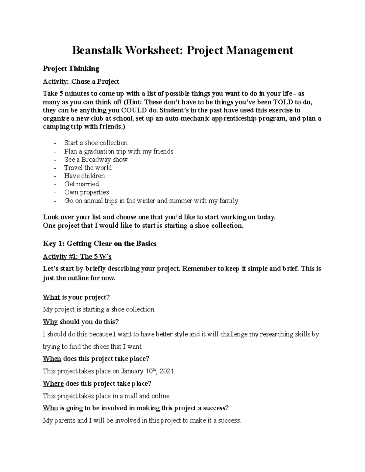 Project Management - Beanstalk Worksheet Answers - Beanstalk Worksheet ...