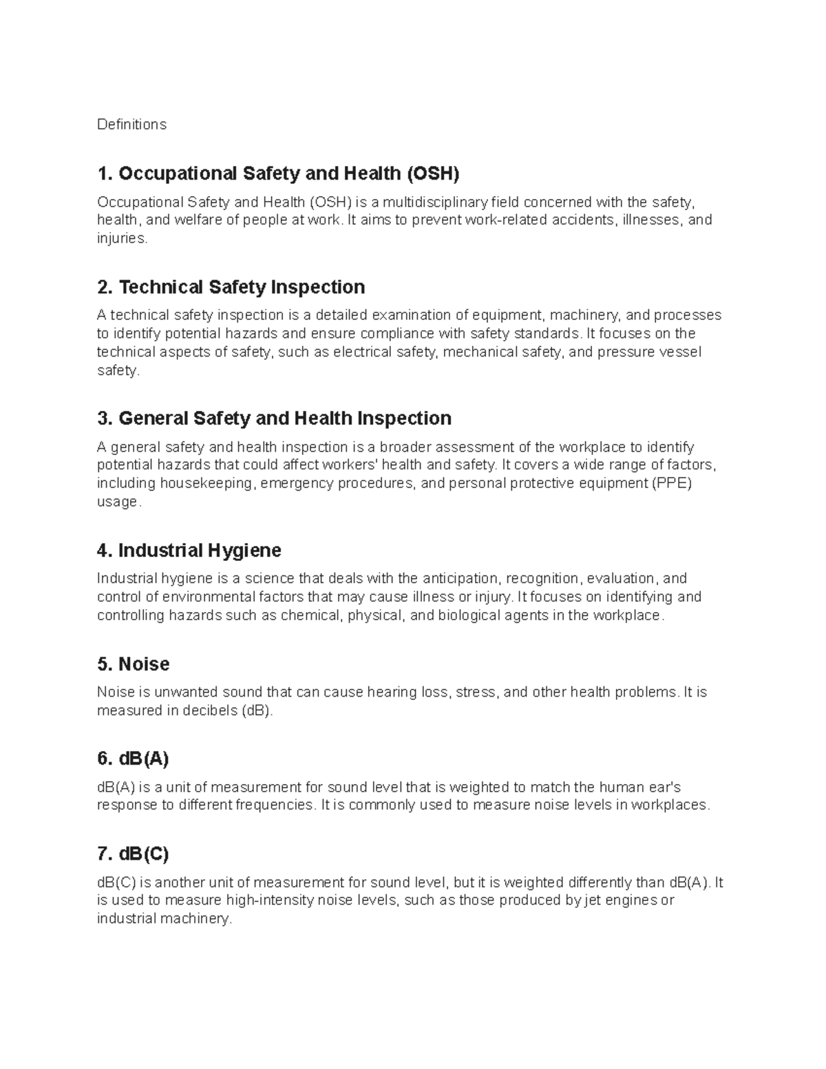 Define-1. Occupational Safety and Health (OSH) - Definitions 1 ...