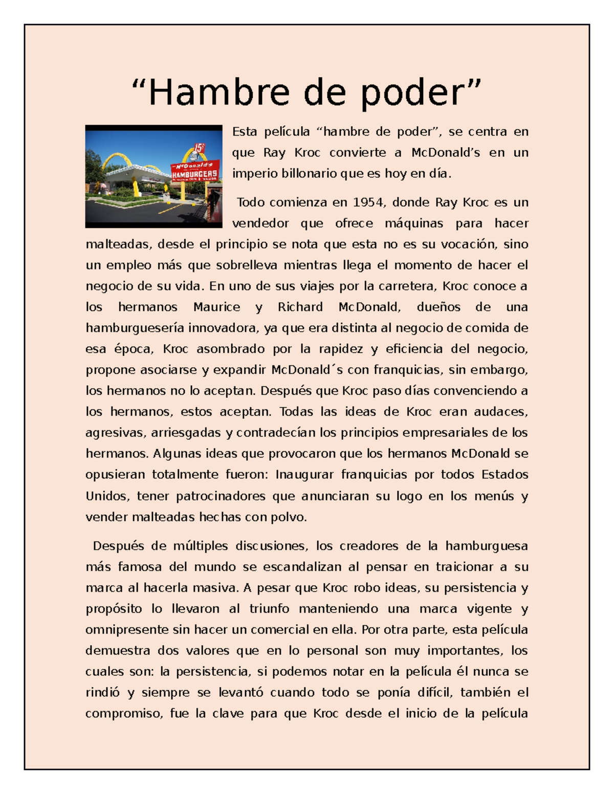 Ensayo Hambre de poder - “Hambre de poder” Esta película “hambre de ...
