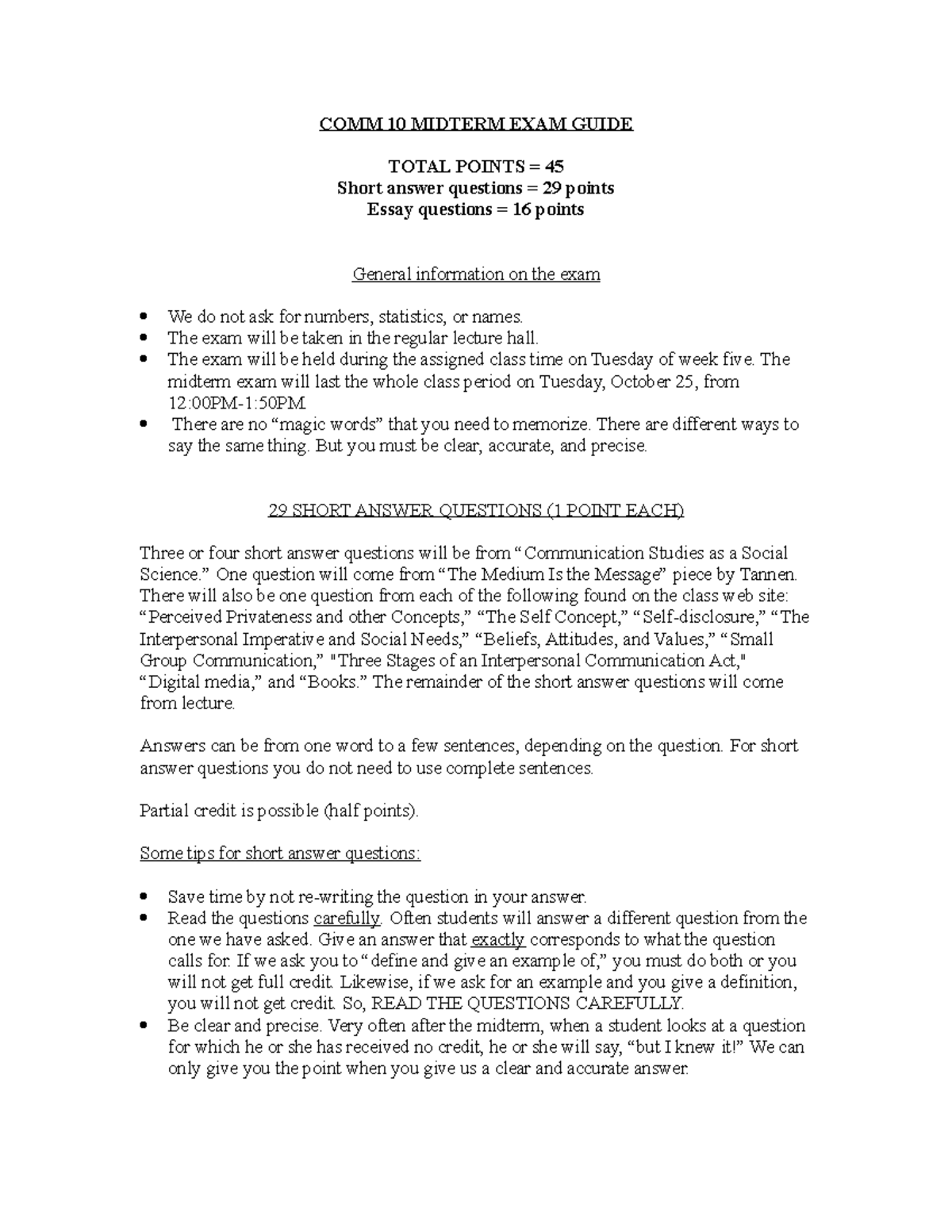 Midterm Guide fall 2022 - COMM 10 MIDTERM EXAM GUIDE TOTAL POINTS = 45 Short answer questions ...
