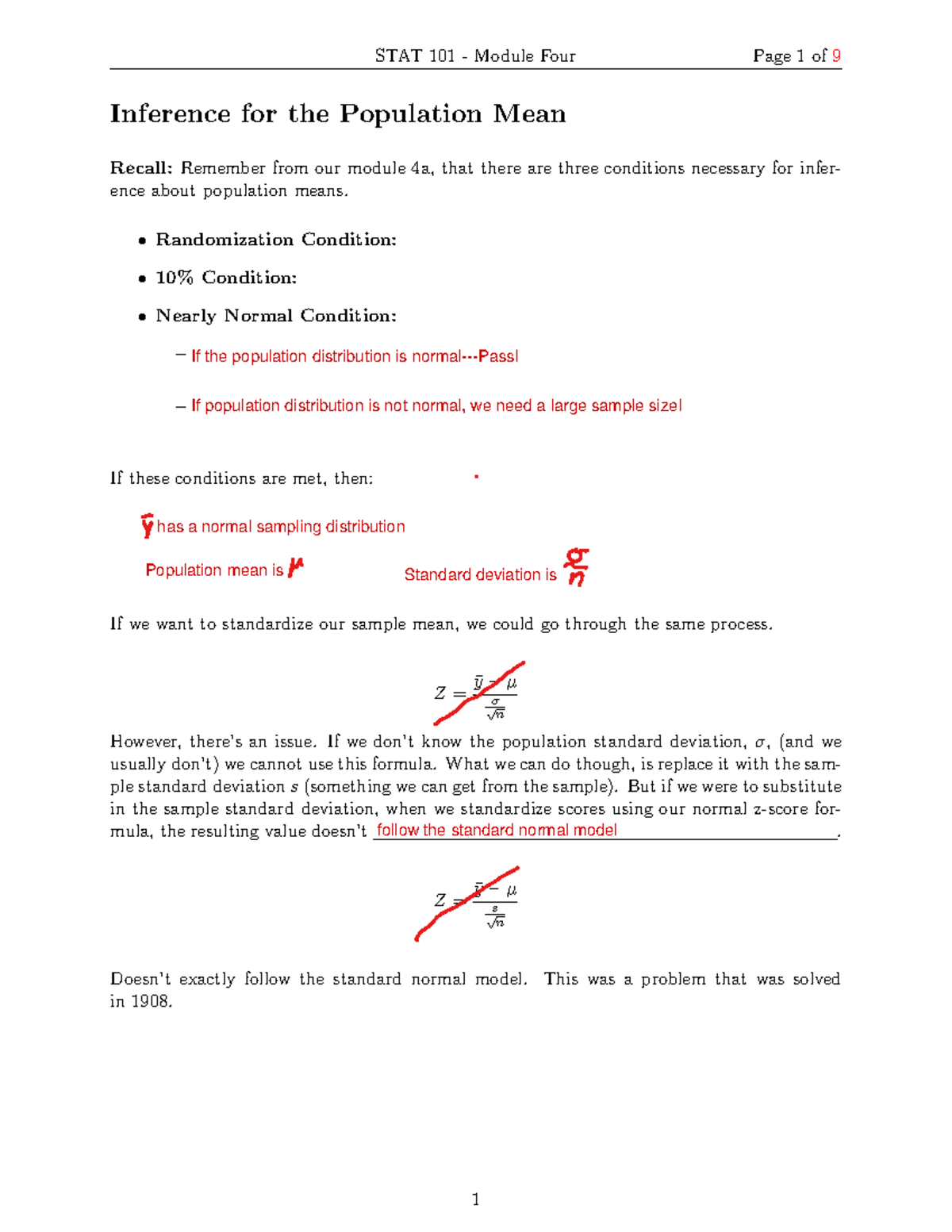 Lecture 16 (Module 4B) Inference and Means - Inference for the Population Mean Recall: Remember ...
