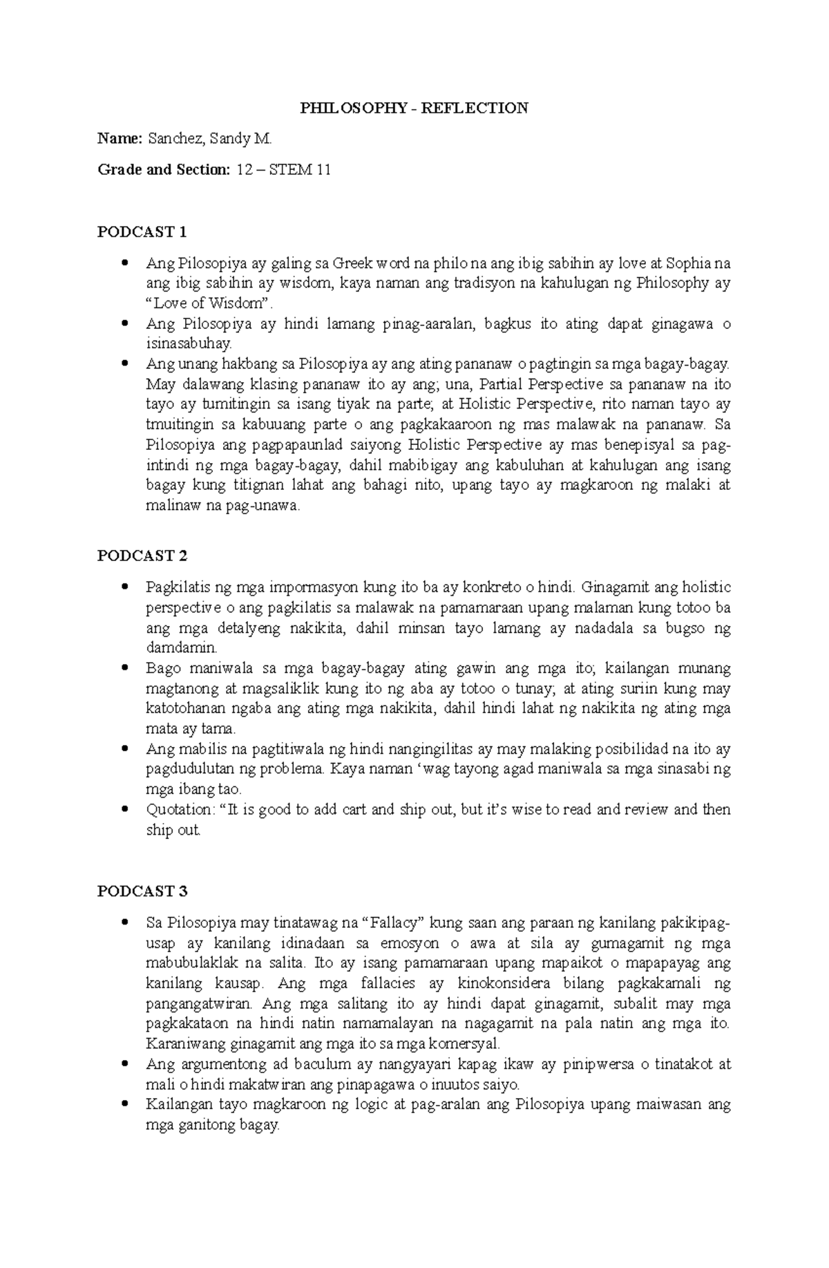 Philosophy - kufotukjfriufr - PHILOSOPHY - REFLECTION Name: Sanchez ...