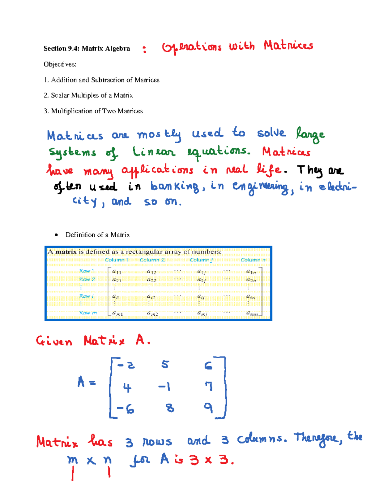Section 9.4 Solutions - Section 9: Matrix Algebra Objectives: Addition ...