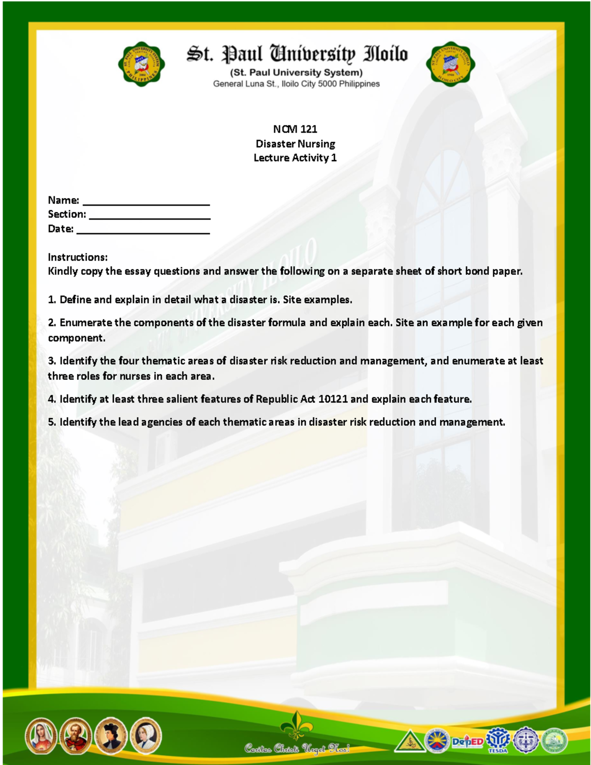 Nursing notes.. - NCM 121 Disaster Nursing Lecture Activity 1 Name