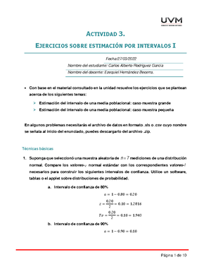 A3 Estadistica Inferencial - Nombre de trabajo: Actividad 3. Ejercicios Materia: Estadística ...