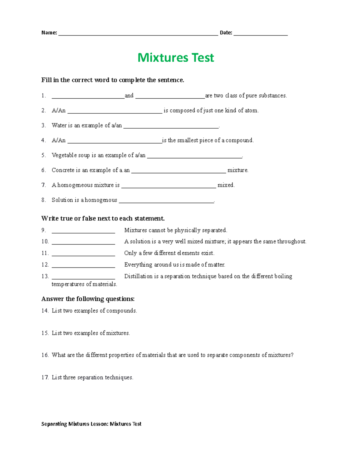 Uoh sep mixtures test - ñlkvgmbñtgfgñlkyh - Name: - Studocu