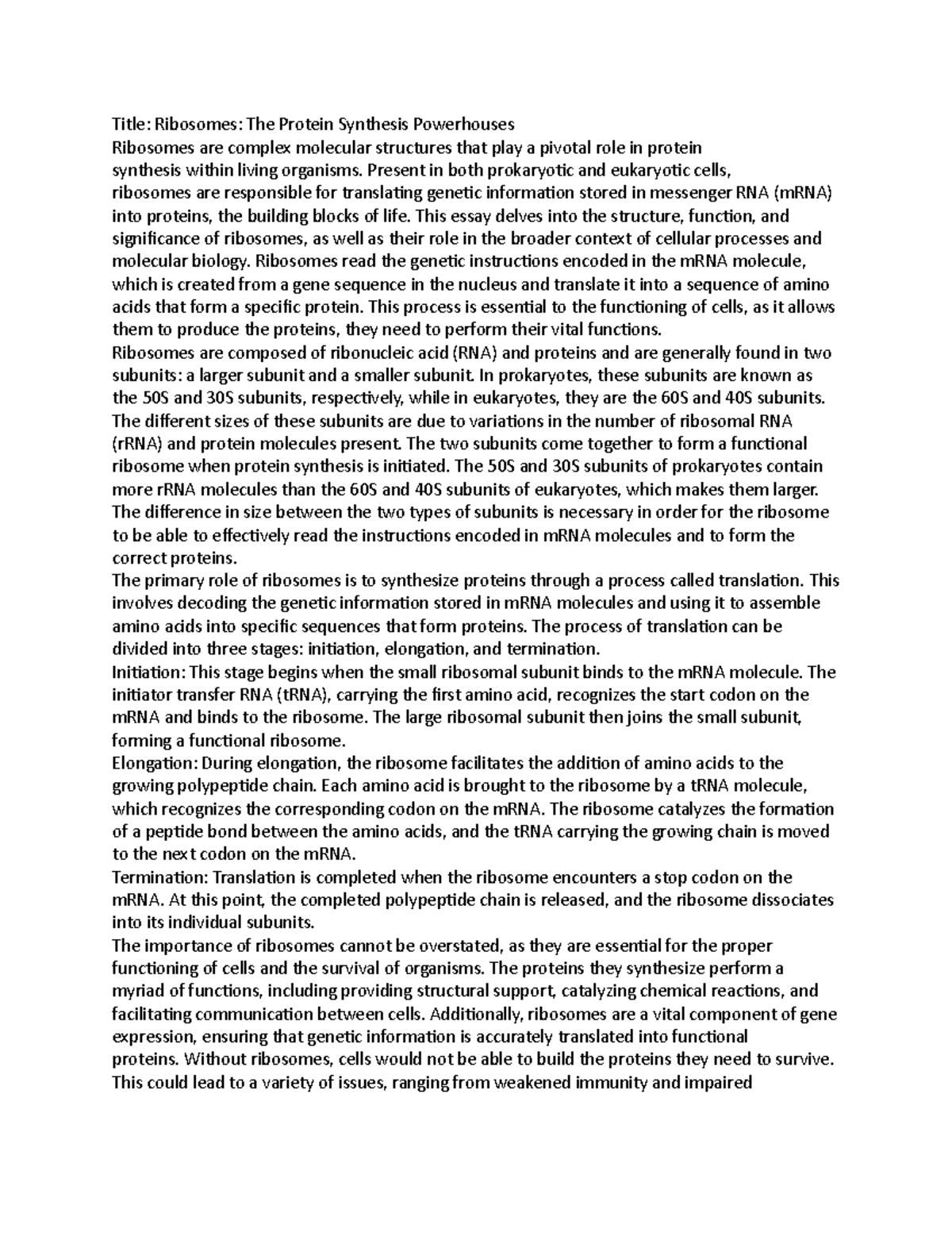 Title - notes - Title: Ribosomes: The Protein Synthesis Powerhouses ...