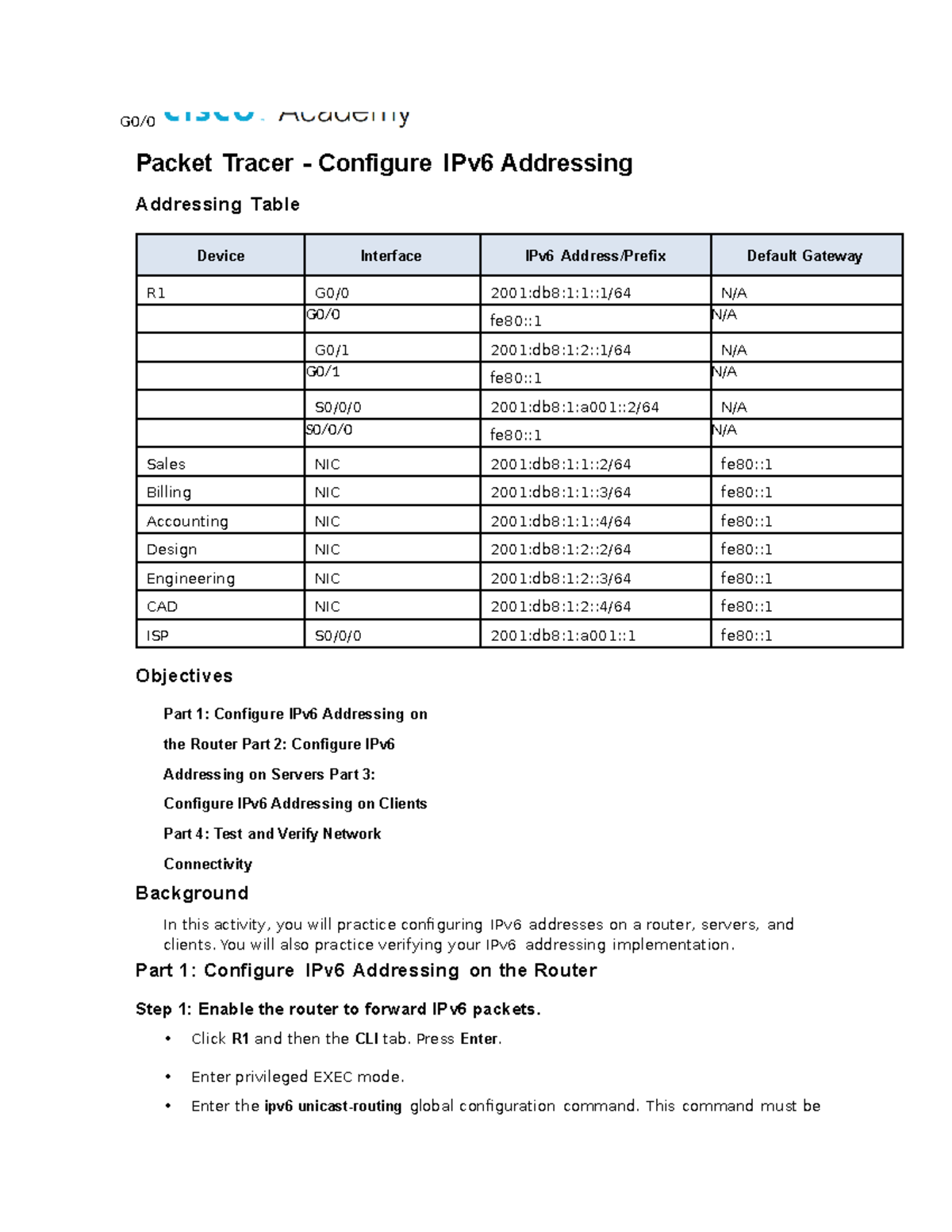 12.6.6-packet-tracer -configure-ipv6-addressing - G0/ Packet Tracer - Configure IPv6 Addressing ...