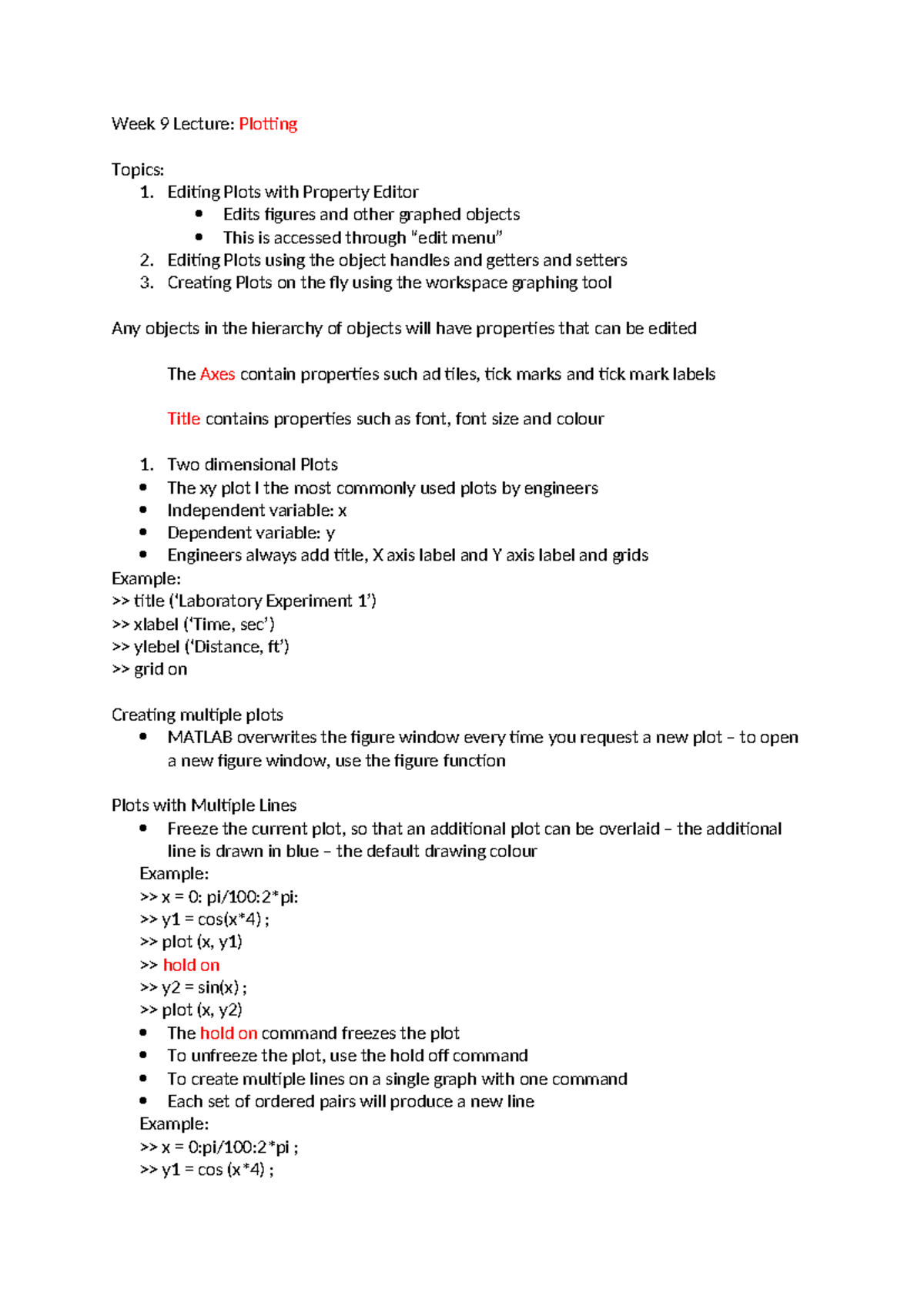 Week 9 Lecture Notes Week 9 Lecture Plotting Topics 1 Editing