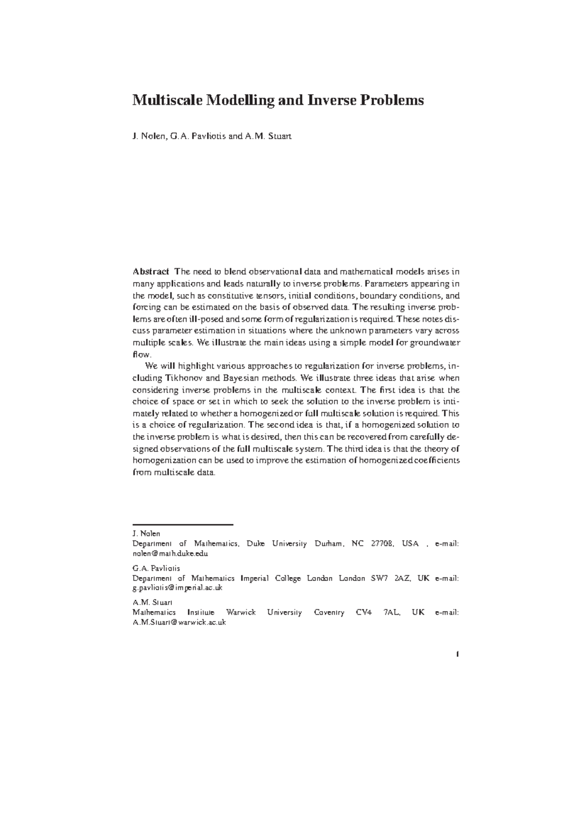 Multiscale Modelling and Inverse Problems - Nolen, G. Pavliotis and A. Stuart AbstractThe need ...