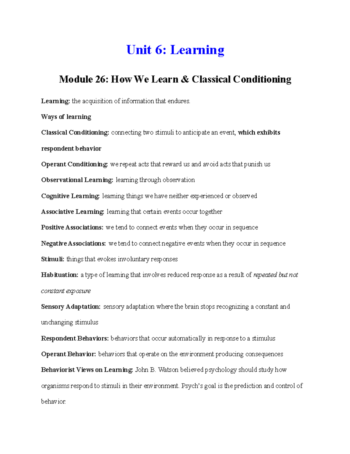 Psych Unit 6 Notes - Unit 6: Learning Module 26: How We Learn ...
