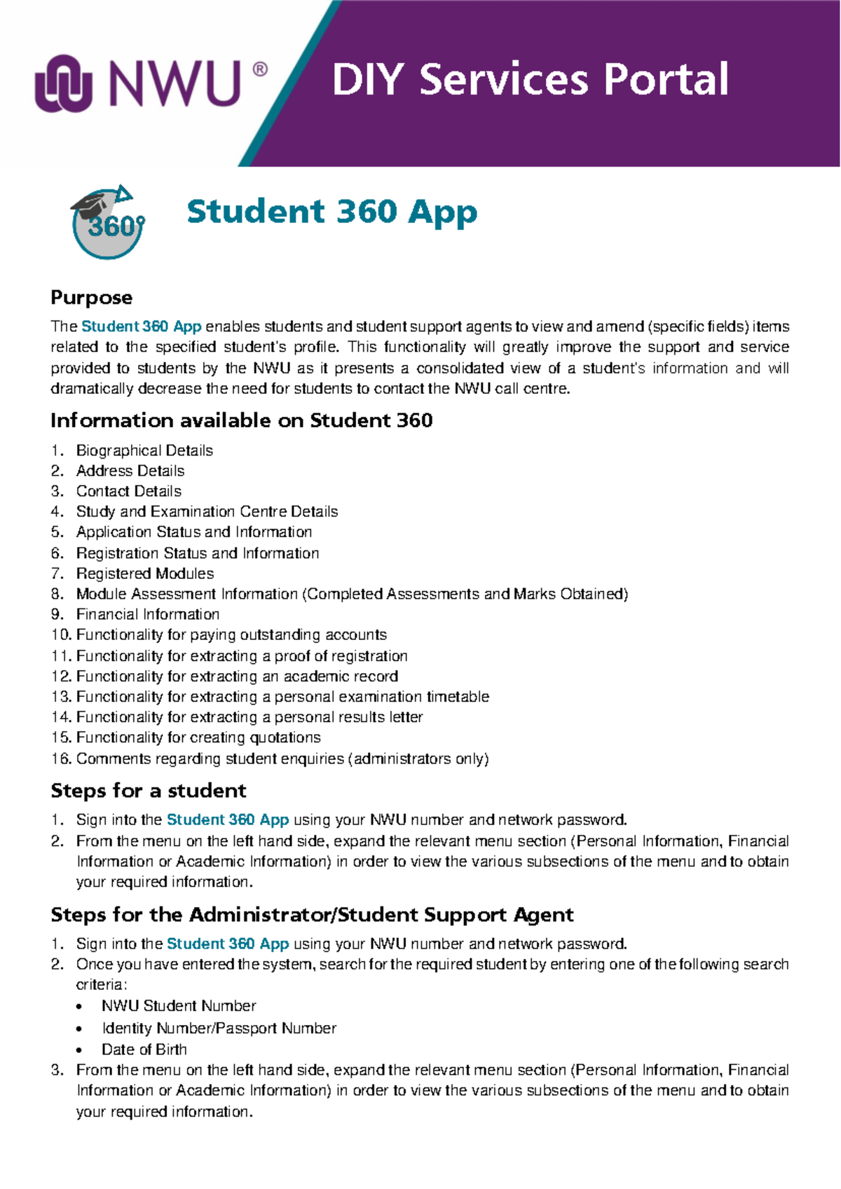 ENG Student 360 - DIY Services Portal Student 360 App Purpose The ...