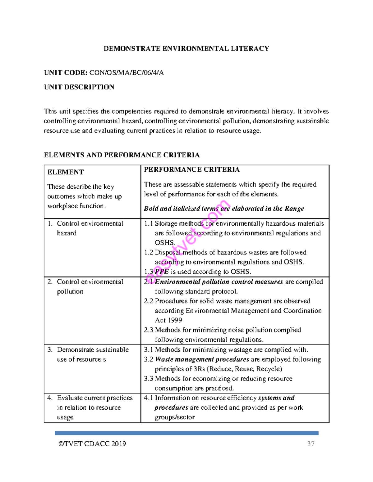 Environ - DEMONSTRATE ENVIRONMENTAL LITERACY UNIT CODE: CON/OS/MA/BC/06 ...